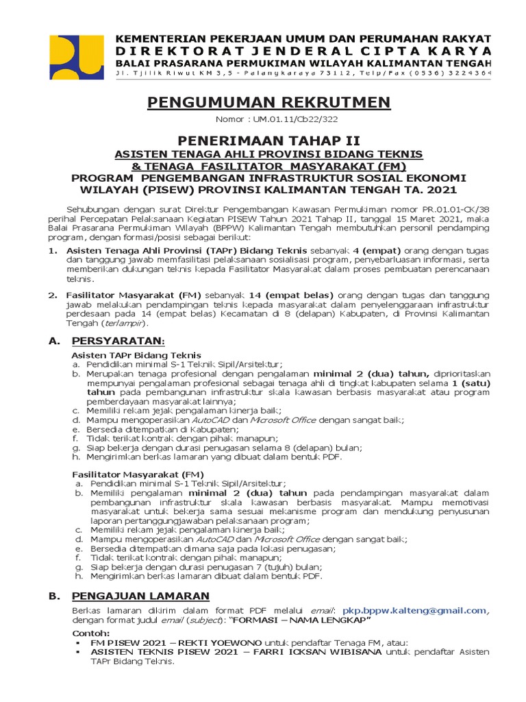 Pengumuman Asisten Teknis Dan FM Tahap II | PDF