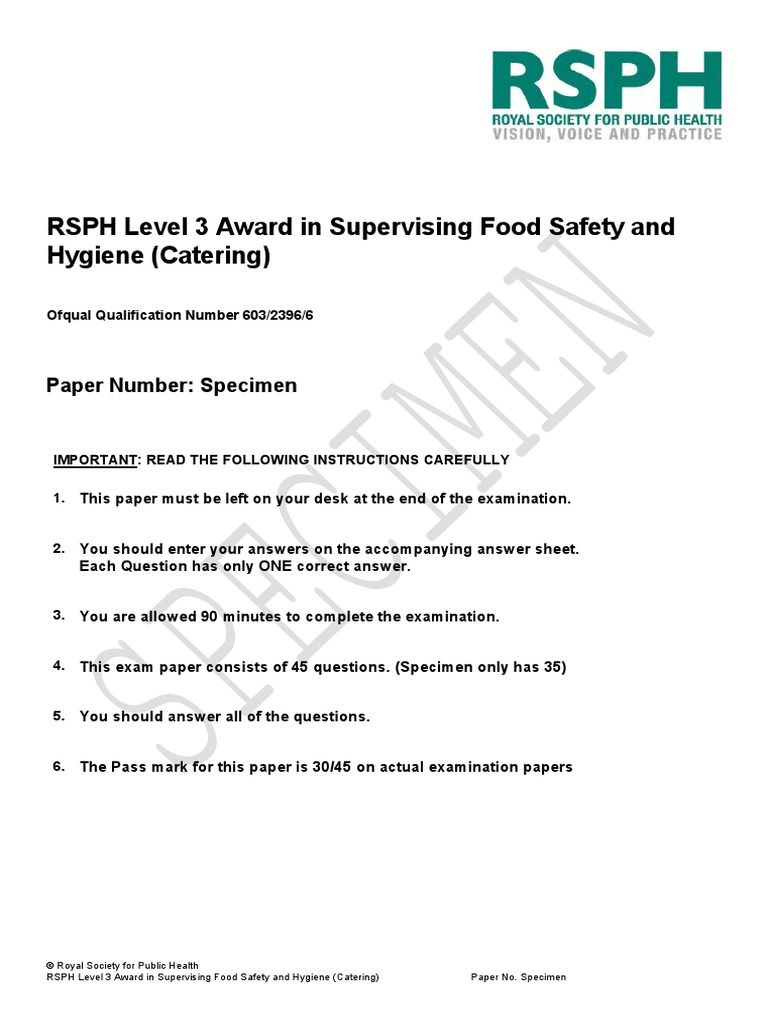 RSPH Level 3 Award in Supervising Food Safety and Hygiene (Catering ...