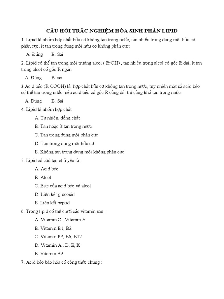 (123doc) - Cau-Hoi-Trac-Nghiem-Hoa-Sinh-Phan-Lipid | PDF