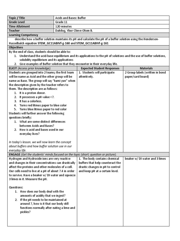 DAHILOG Chemistry Buffer LESSON PLAN | PDF | Buffer Solution | Ph