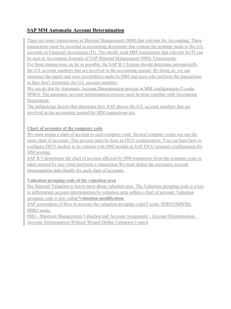 SAP MM Automatic Account Determination | PDF