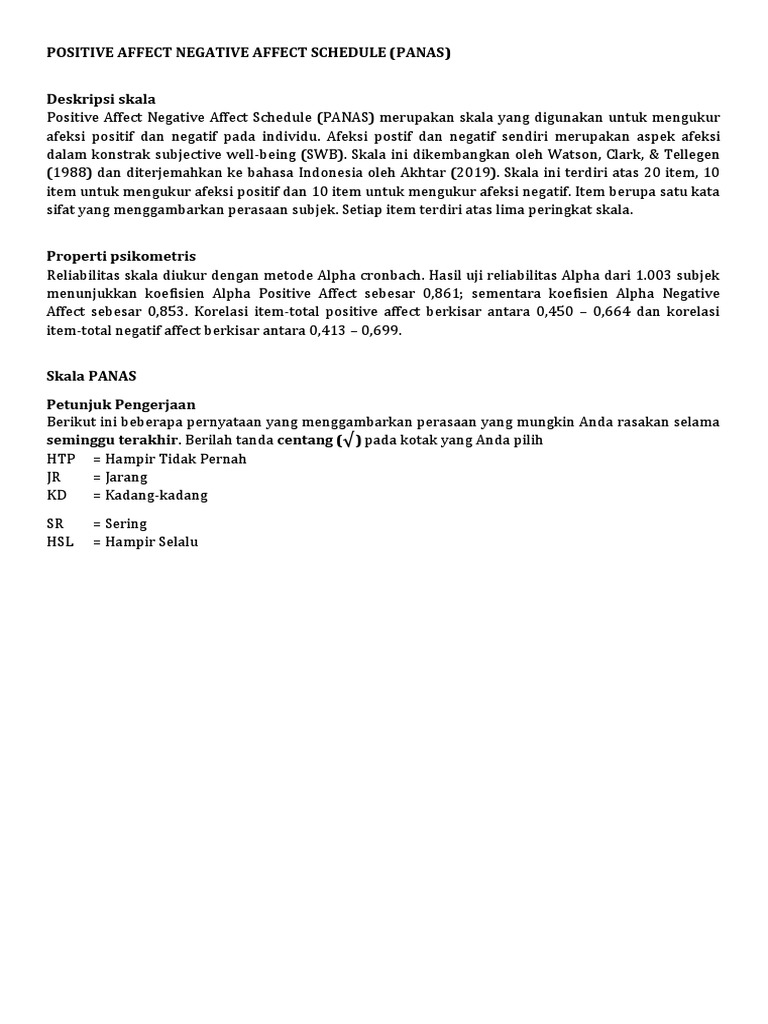 Positive Affect Negative Affect Schedule (PANAS) | PDF