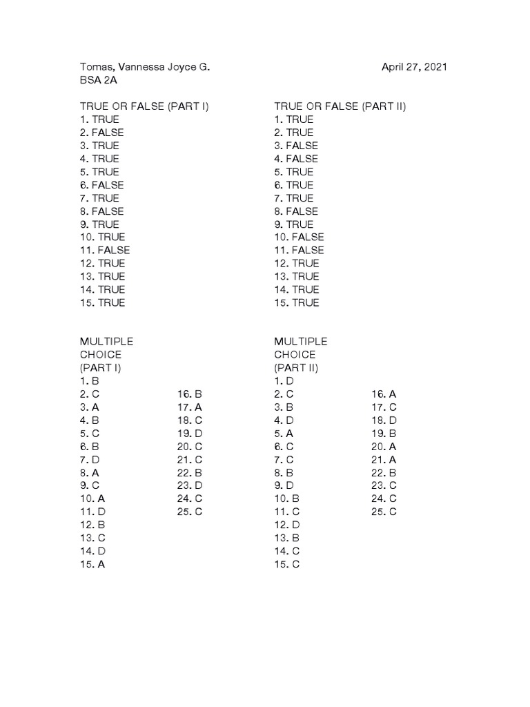 True or False and Multiple Choice Practice Test Results | PDF