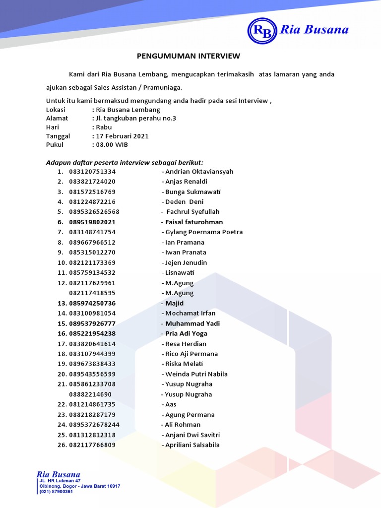 Undangan Interview Ria Busana Lembang | PDF