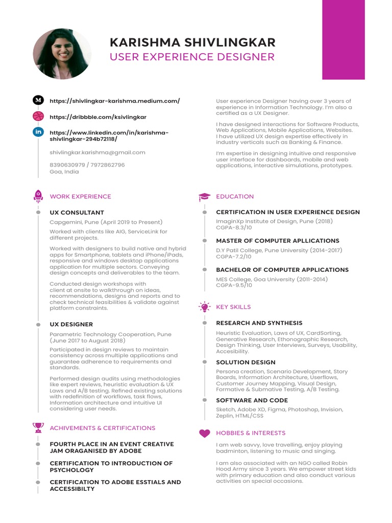 User Experience Designer Karishma Shivlingkar Resume 2021 | PDF | User ...