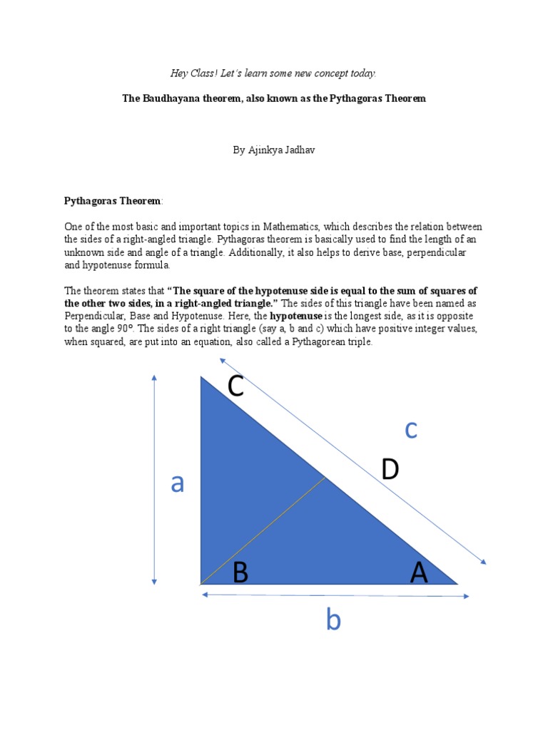 The Baudhayana Theorem, Also Known As The Pythagoras Theorem | PDF | Classical Geometry | Triangle