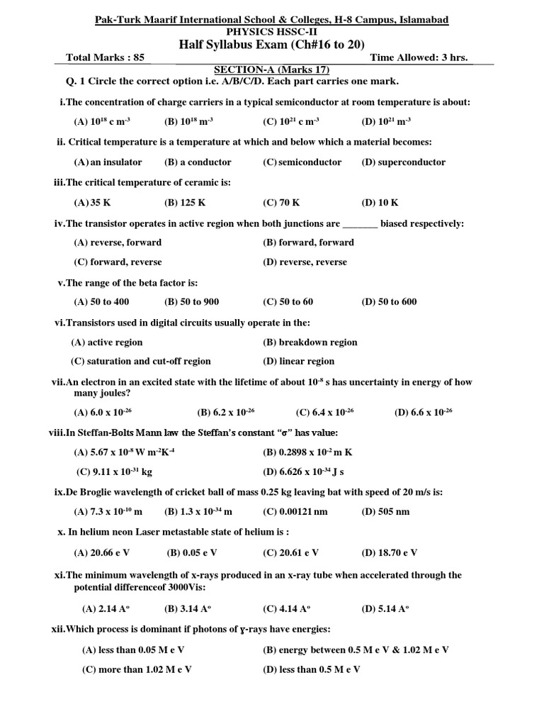 Physics HSSC-II Half Syllabus Exam Guide | PDF | Bipolar Junction Transistor | Photoelectric Effect