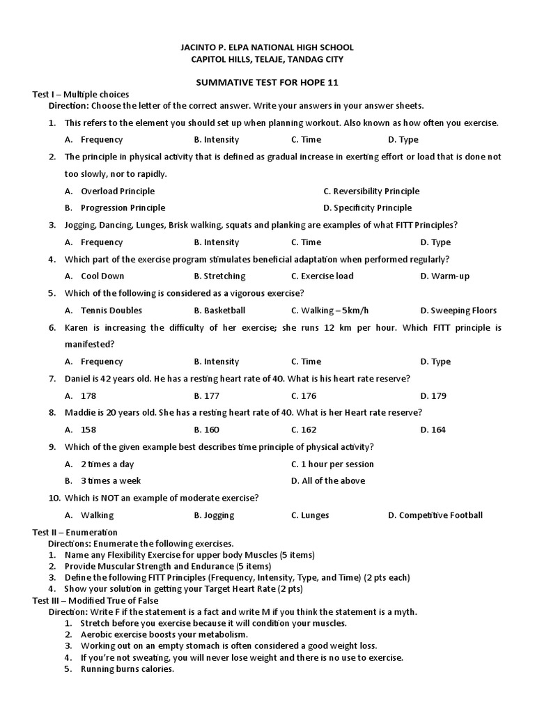 Summative Test for HOPE 11: A Comprehensive Assessment of Physical ...