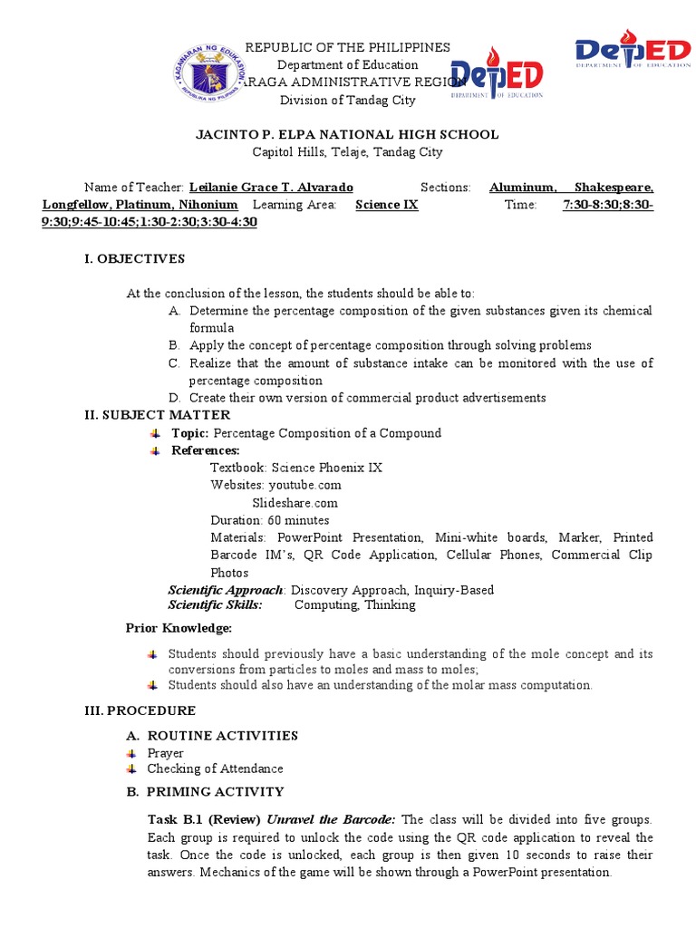 Lesson Plan On Percentage | PDF | Mole (Unit) | Chemical Substances