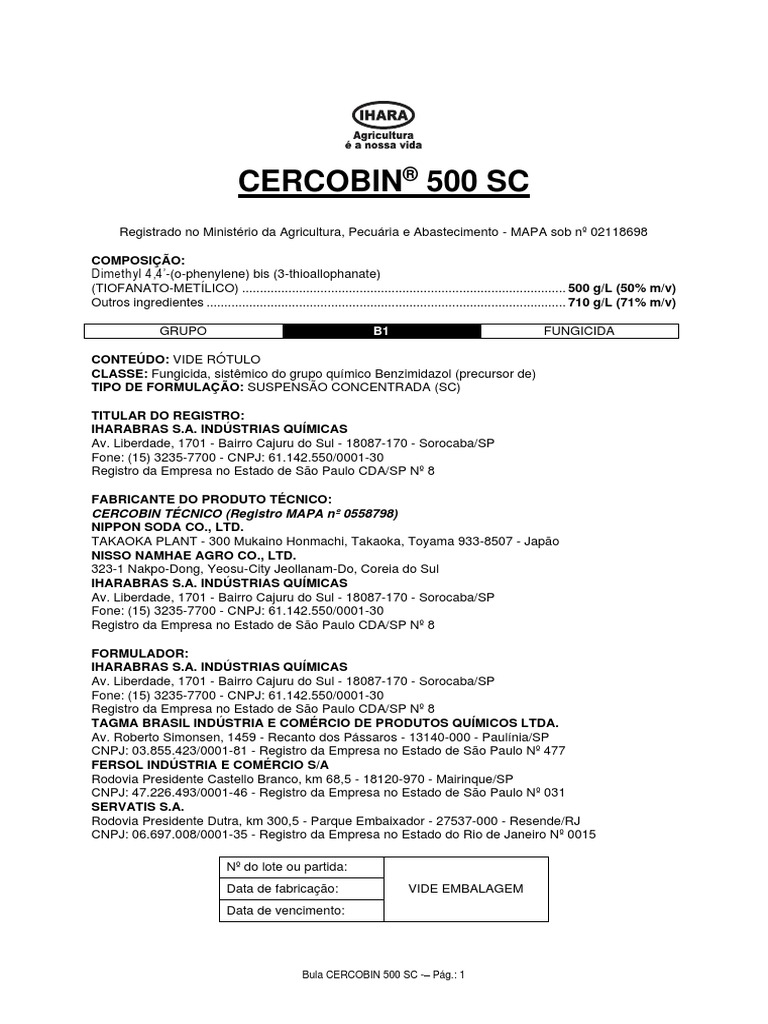 Cercobin 500 SC | PDF | Rotação de culturas | Embalagem e rotulagem