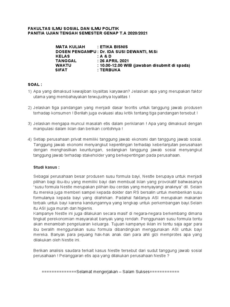Soal Uts Etika Bisnis 2021 | PDF