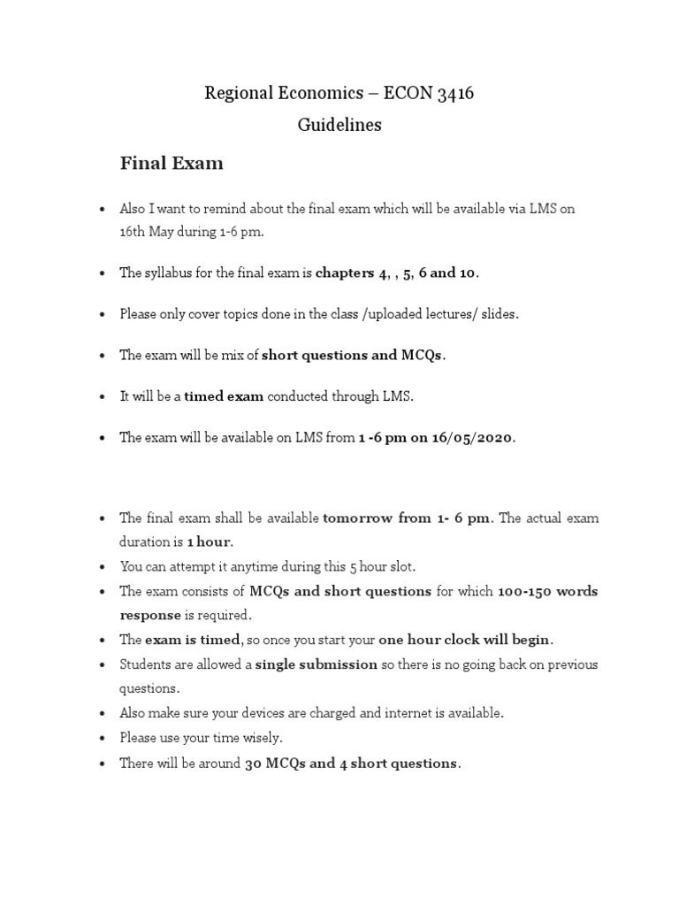 Regional Economics Final Exam Guidelines | PDF