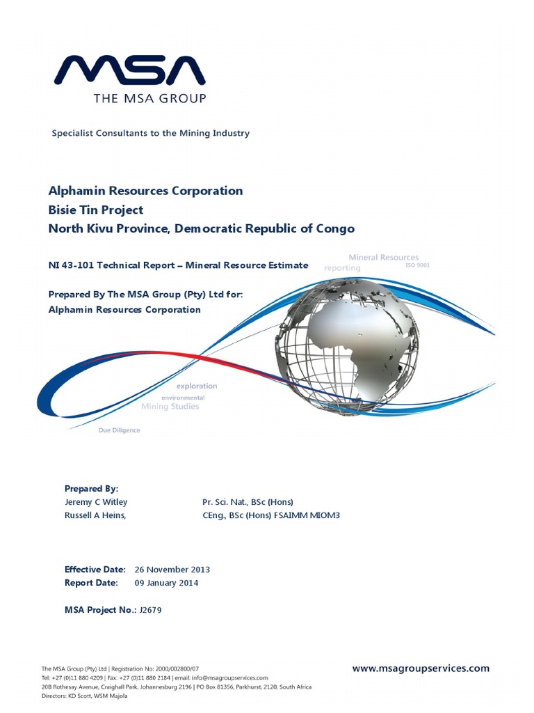 Alphamin Bisie Tin Project NI 43 101 Report Jan 2014 | PDF | Minerals ...