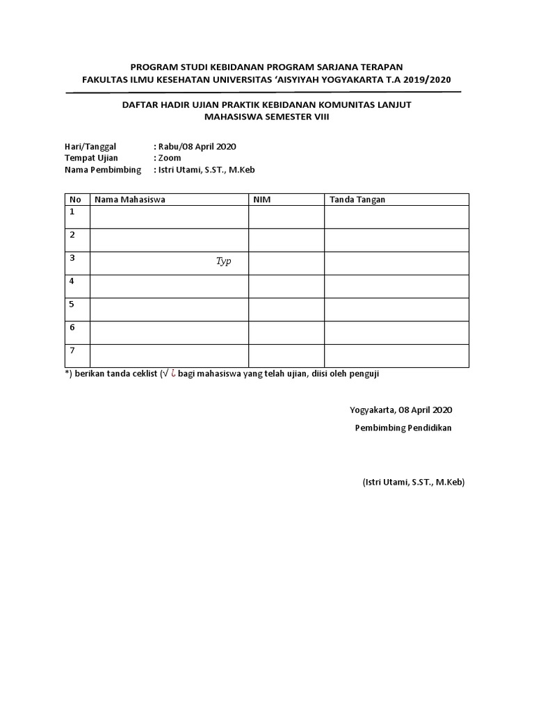 Daftar Hadir Ujian PKL 2020 | PDF