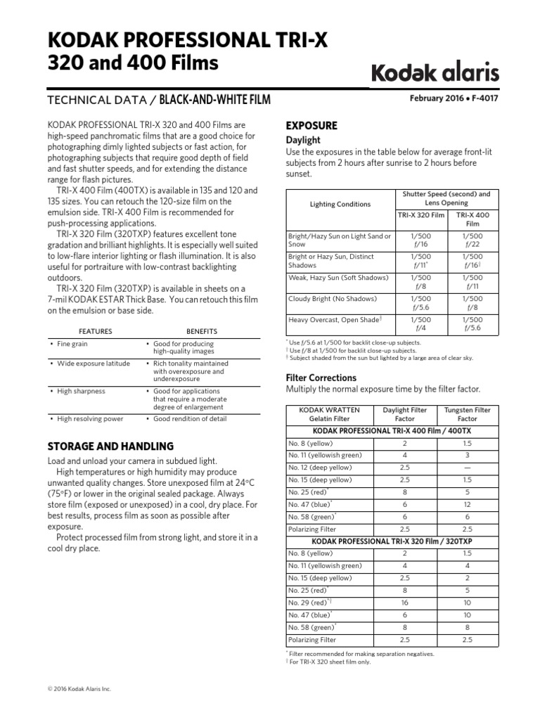 Kodak Professional Tri-X 320 and 400 Films: Technical Data / Black-And ...