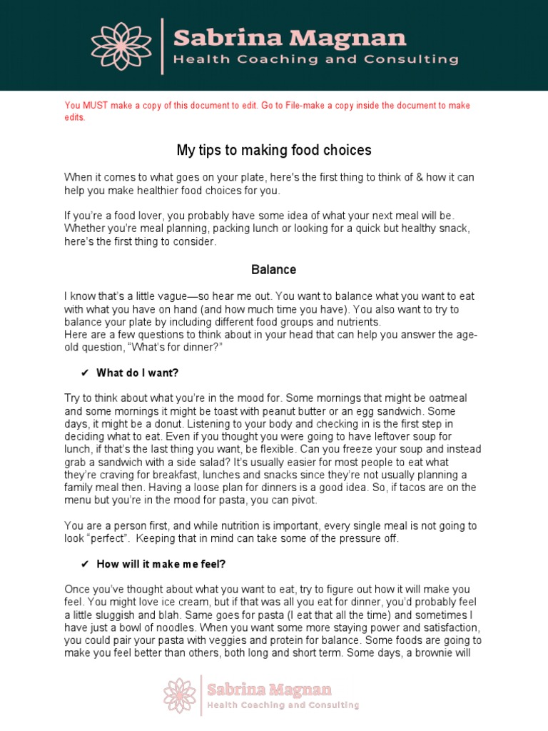 Tips for Balanced Food Choices | PDF | Lunch | Meal