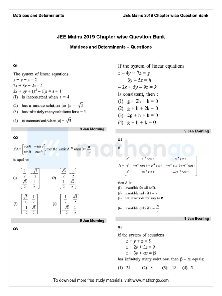 JEE Mains 2019 Chapter Wise Question Bank Matrices And Determinants