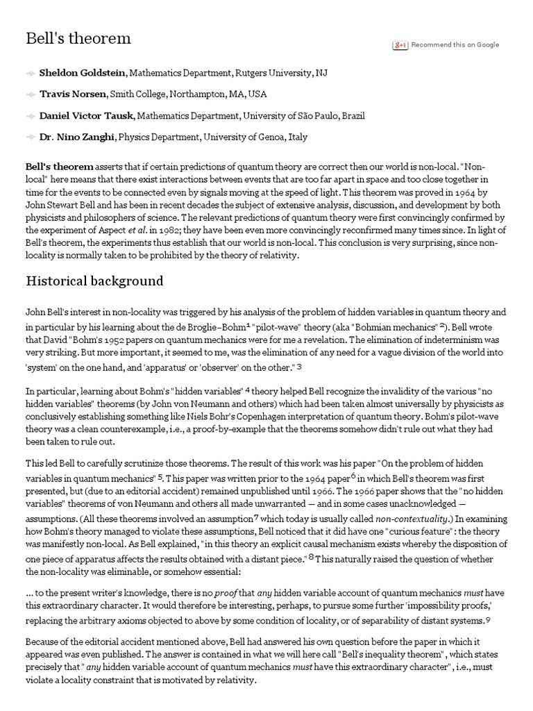 Bell's Theorem: Historical Background | PDF | Spin (Physics) | Quantum ...