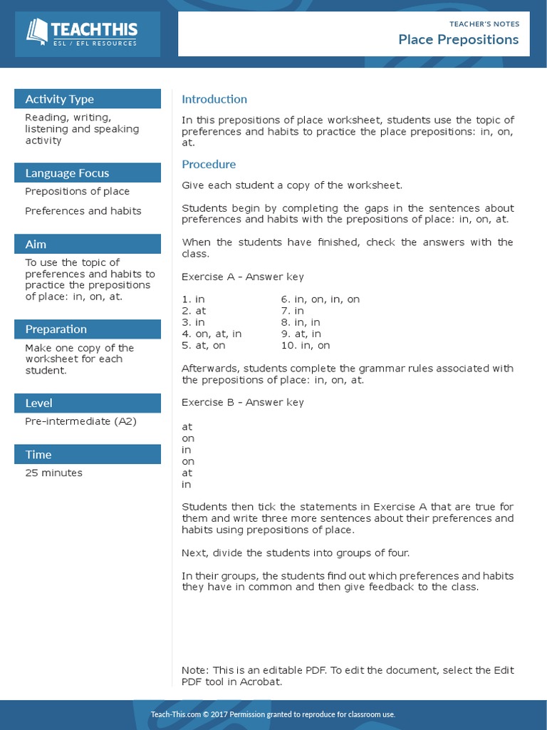 Place Prepositions Worksheet | PDF | English As A Second Or Foreign ...