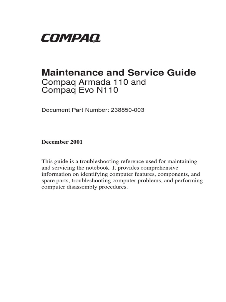 Maintenance and Service Guide: Compaq Armada 110 and Compaq Evo N110 ...