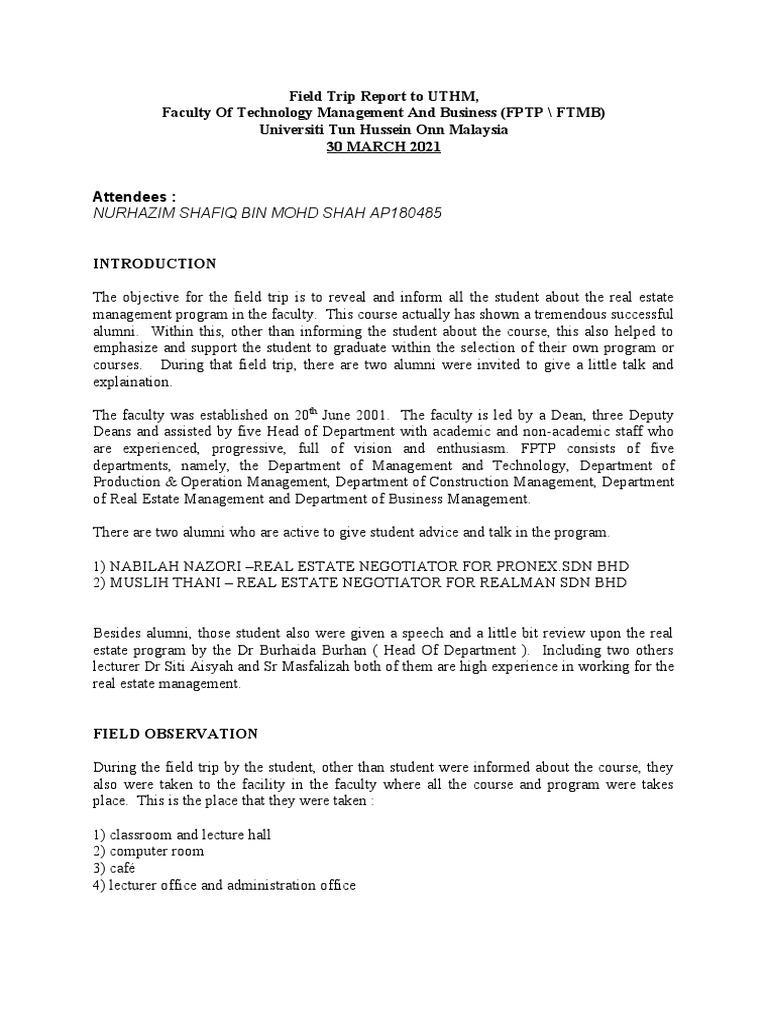 Field Trip Report To UTHM | PDF | Real Estate Appraisal | Behavior ...