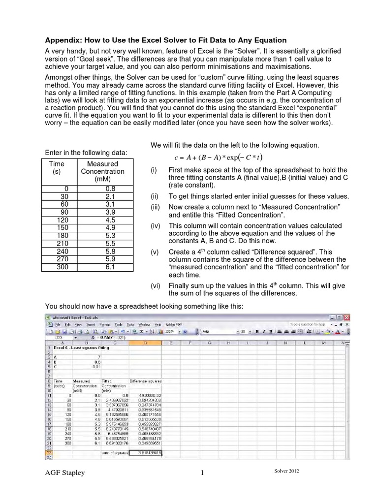 Appendix: How To Use The Excel Solver To Fit Data To Any Equation ...