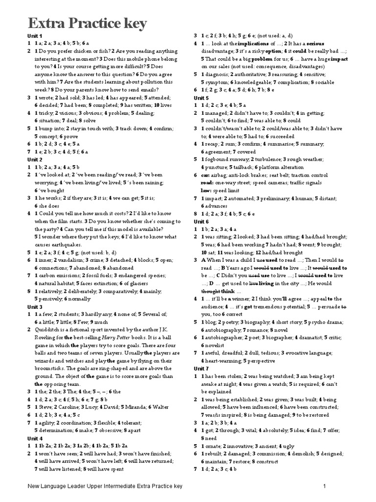 New Language Leader Upper Intermediate Extra Practice Key 1 | PDF
