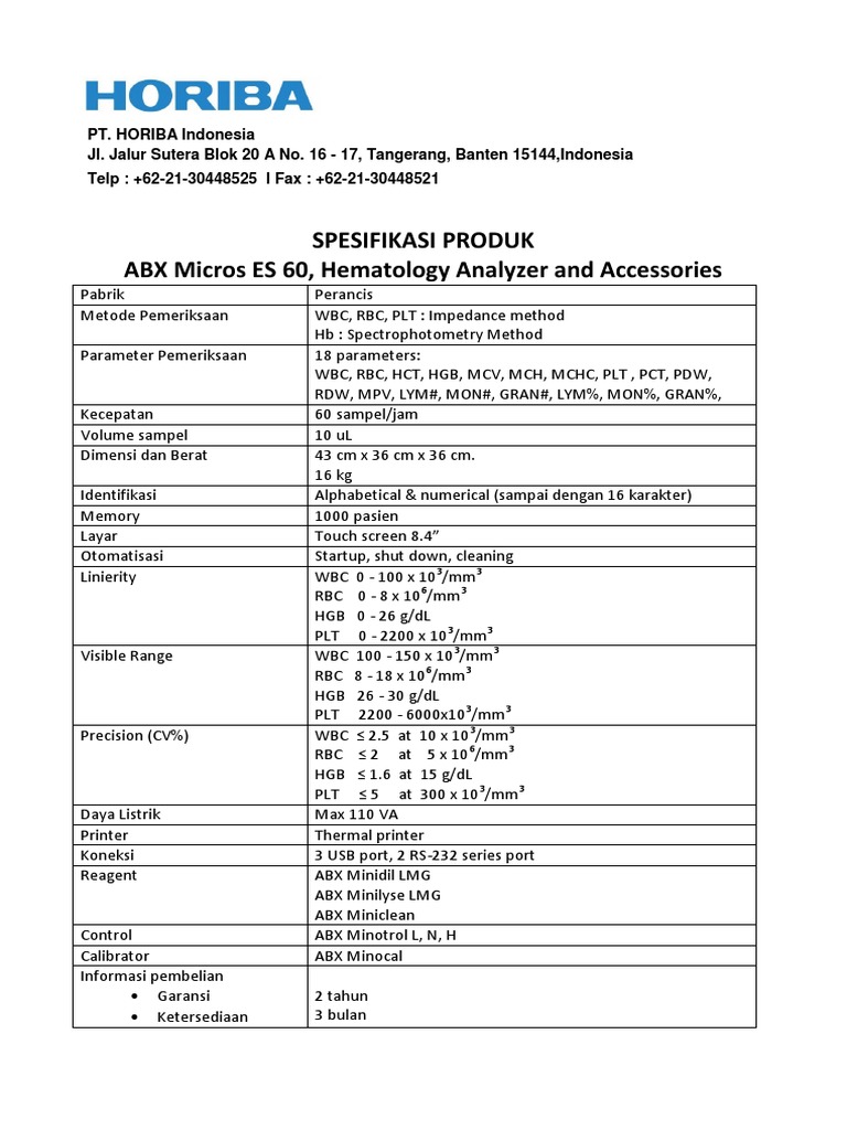 ABX Micros ES 60 - Spesifikasi Produk | PDF