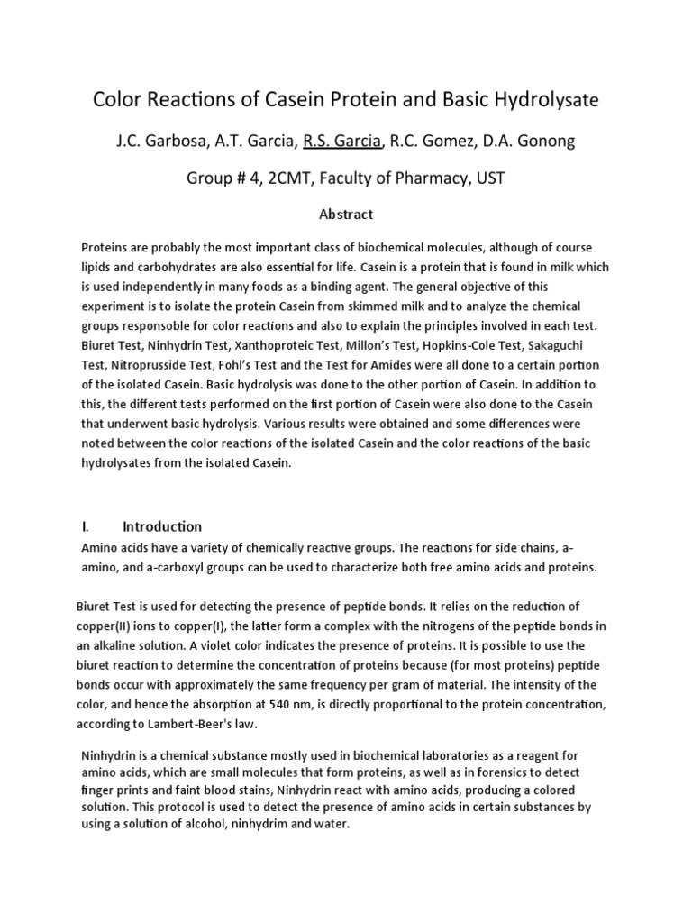 Color Reactions of Casein Protein and Hydrolysate | PDF | Hydrolysis ...