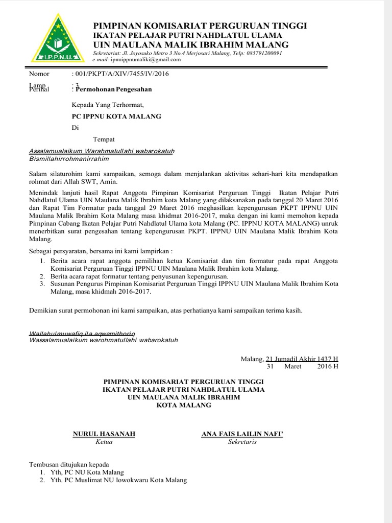 Contoh Surat Permohonan SK Ke PC Ippnu | PDF