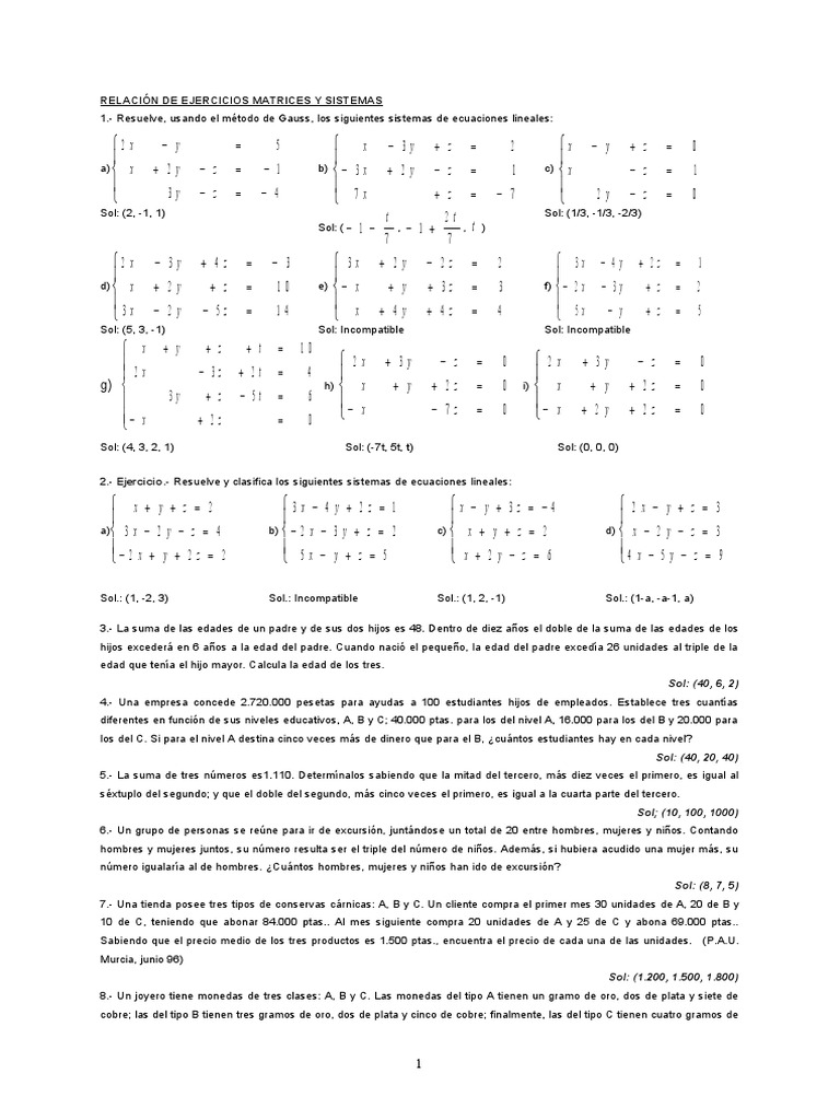 Ejercicios de Matrices y Sistemas de Ecuaciones | PDF | Matriz ...