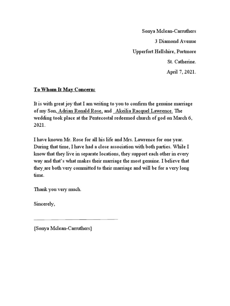 Marriage Witness Letter