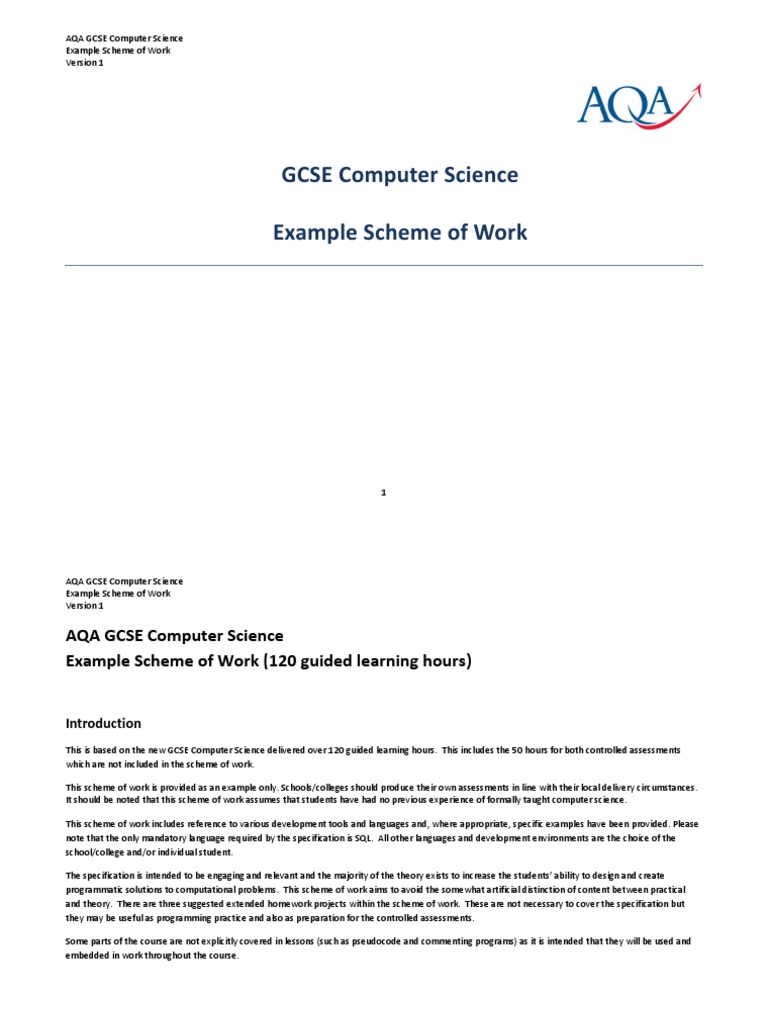 Aqa Gcse Computer Science Example Scheme Of Work Pdf Parameter Computer Programming