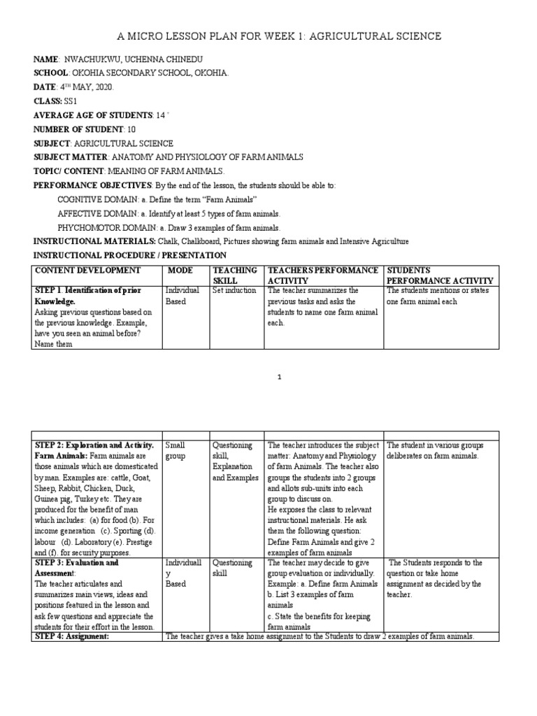 A Micro Lesson Plan For Week 1: Agricultural Science | PDF | Livestock ...