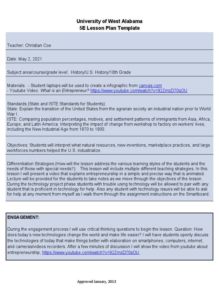 Christian Coe 5e Lesson Plan 1 | PDF | Lesson Plan | Teaching