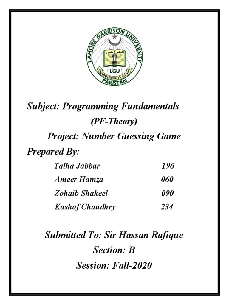 Subject: Programming Fundamentals Project: Number Guessing Game Prepared by | PDF | Function ...