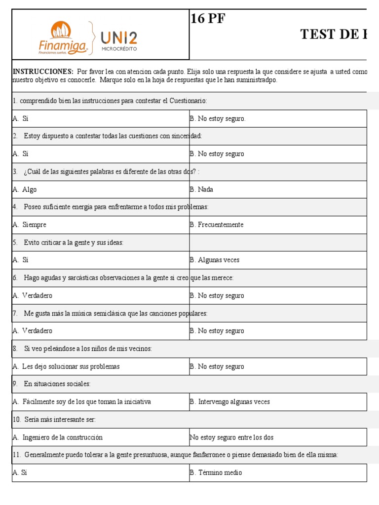 Cuestionario de Preguntas 16PF | PDF