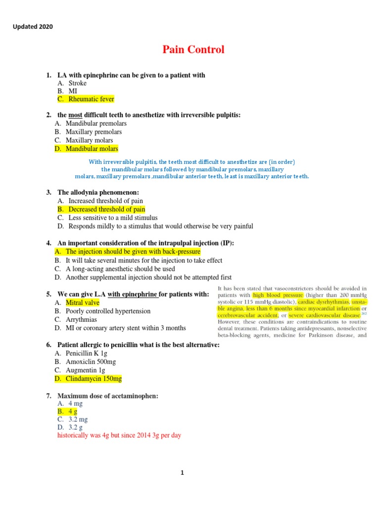2020 Mcqs Pain Control | PDF | Opioid | Anesthesia