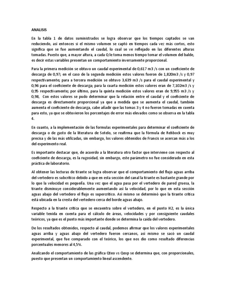 Analisis y Conclusiones Lab 2 Vertederos | PDF | Descarga (hidrología) | Medición