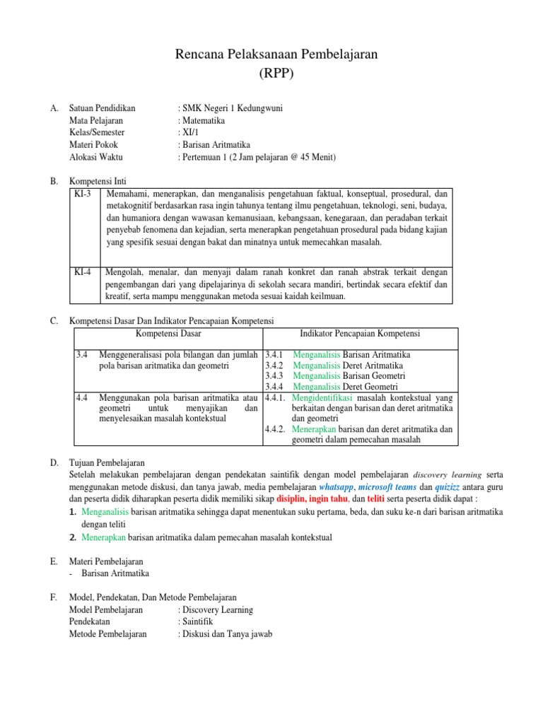 RPP Pertemuan Ke-1 Barisan Aritmatika | PDF