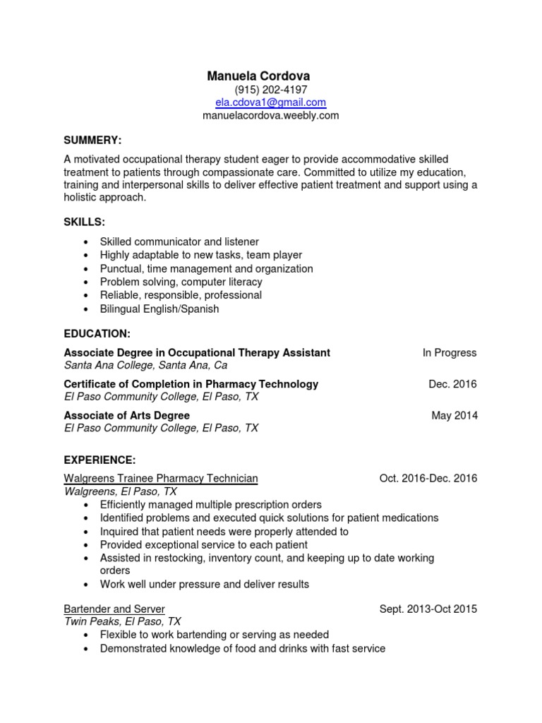 Manuela Cordova Ota Resume | PDF | Occupational Therapy | Pharmacy