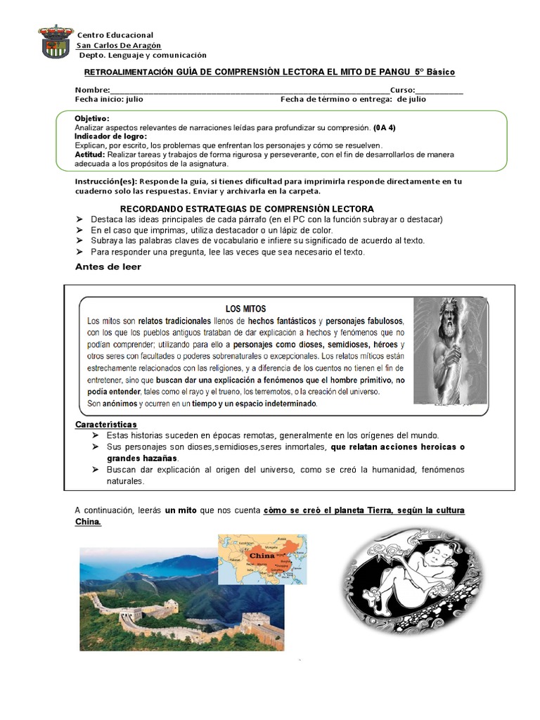 5° Básico Lenguaje Retroalimentación Guía de Comprensiòn Mito de Pangu | PDF | Naturaleza