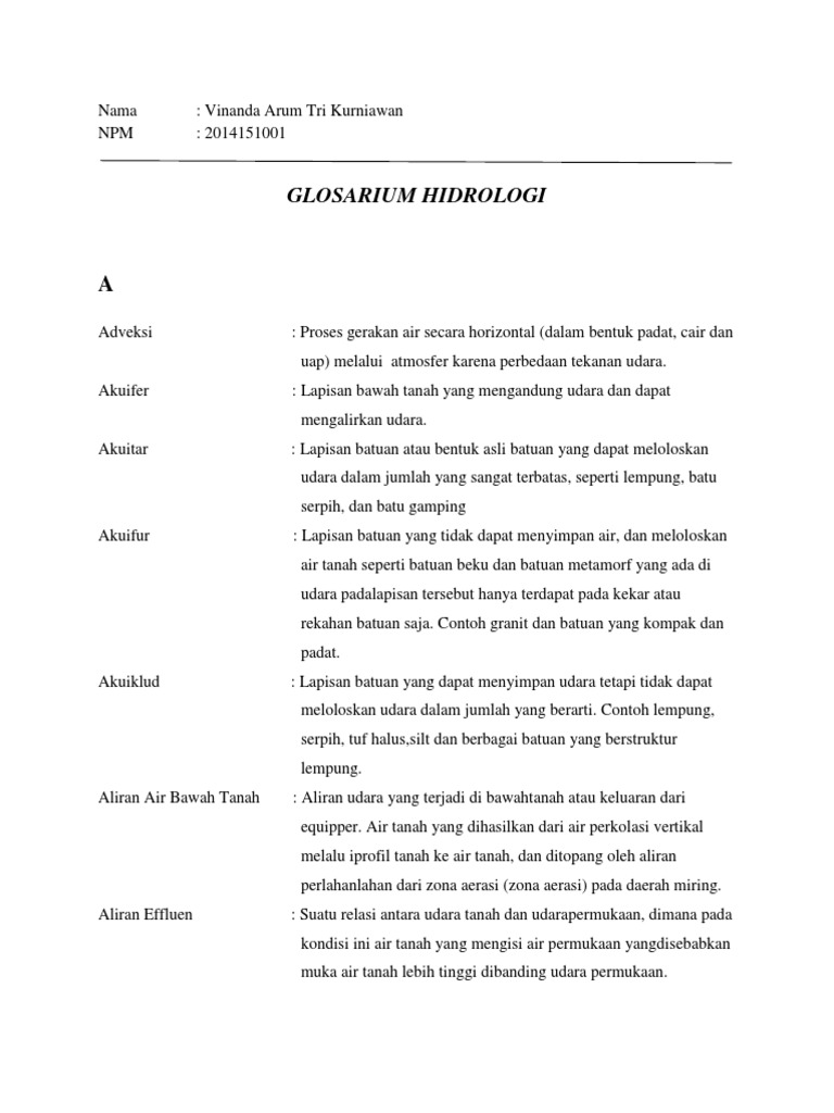 Vinanda Arum Tri Kurniawan - 2014151001 - Glosarium Hidrologi | PDF