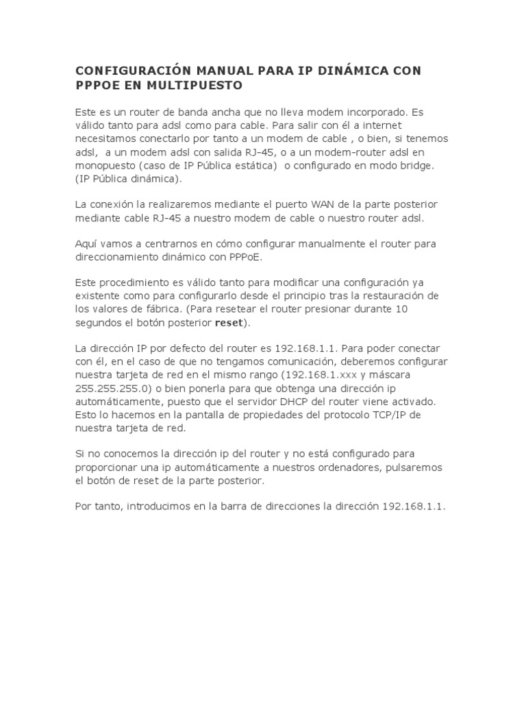 Configuración Manual para Ip Dinámica Con Pppoe en Multipuesto | Descargar gratis PDF ...