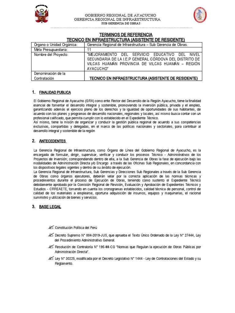 TDR - Tecnico de Asistente de Residente | PDF | Política | Gobierno