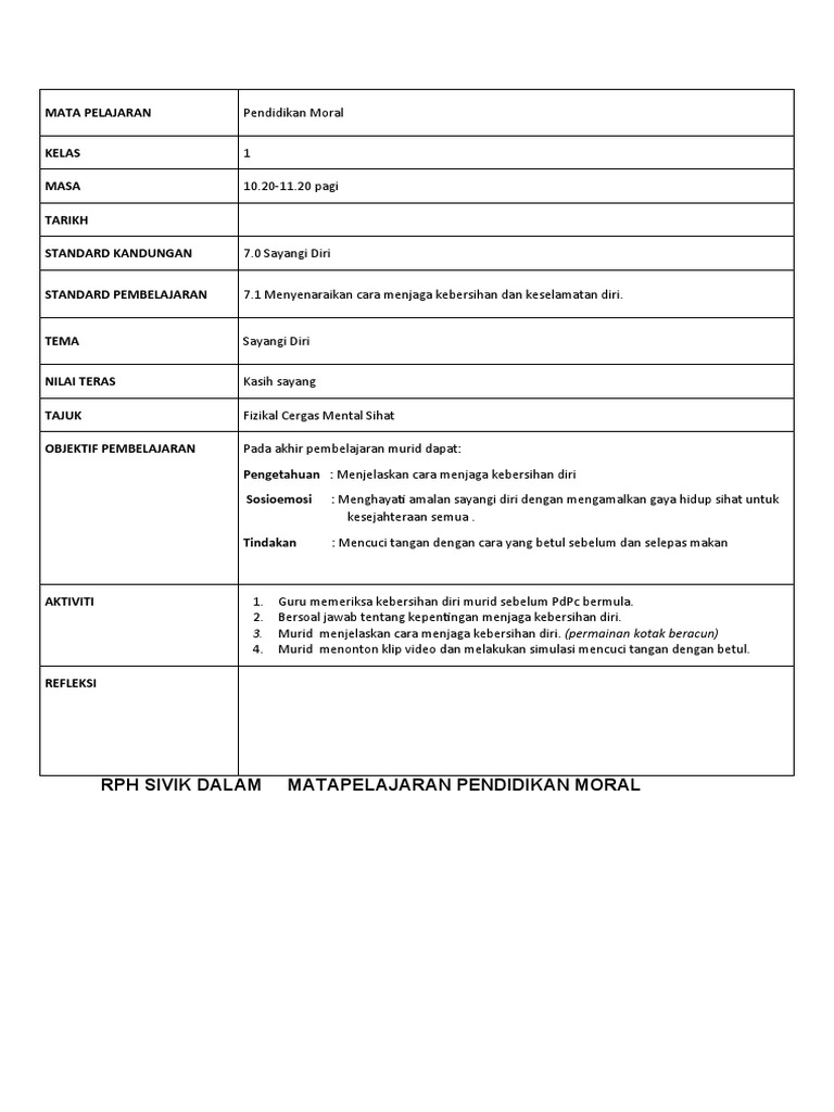 Kasih Sayang RPH Sivik Moral THN 1 | PDF