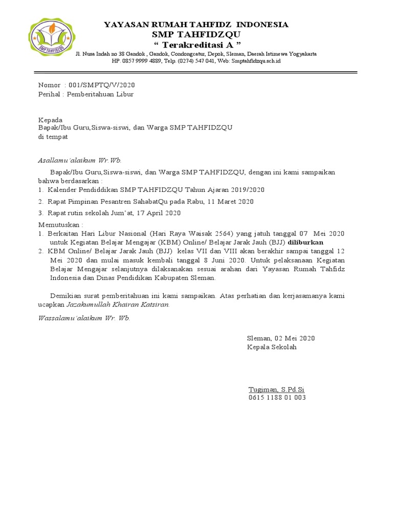 Surat Pemberitahuan Libur Waisak Dan KBM Terakhir Kls 7 8 New | PDF