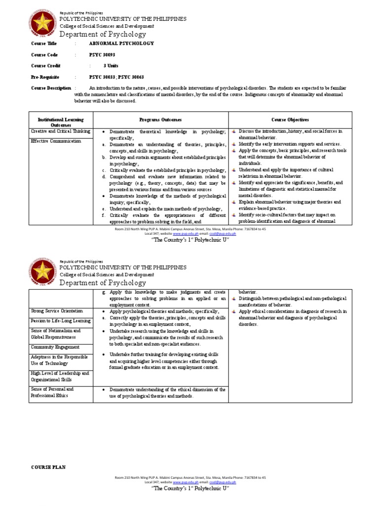 Abnormal Psychology Course Syllabus | PDF | Abnormal Psychology ...