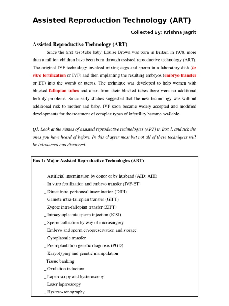 Assisted Reproduction Technology (ART) | PDF | In Vitro Fertilisation ...