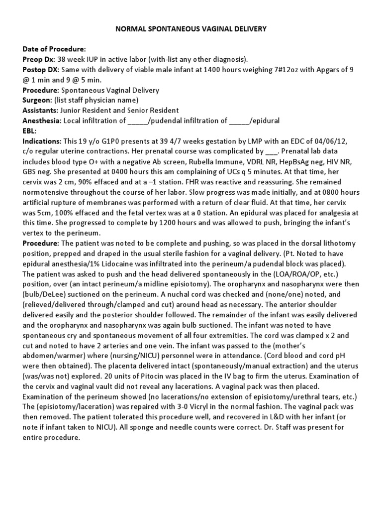 Sample Dictation - SVD | PDF | Childbirth | Vagina